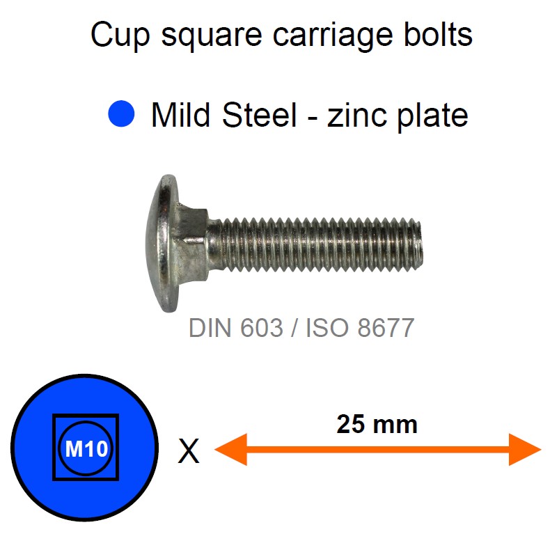 M10 x 25 mm mild steel cup square carriage bolt zinc plated ISO 8677 ...